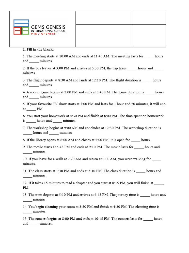GRADE 3 Checkpoint - 1 Revision Worksheet With Answer Key (TIME) | PDF