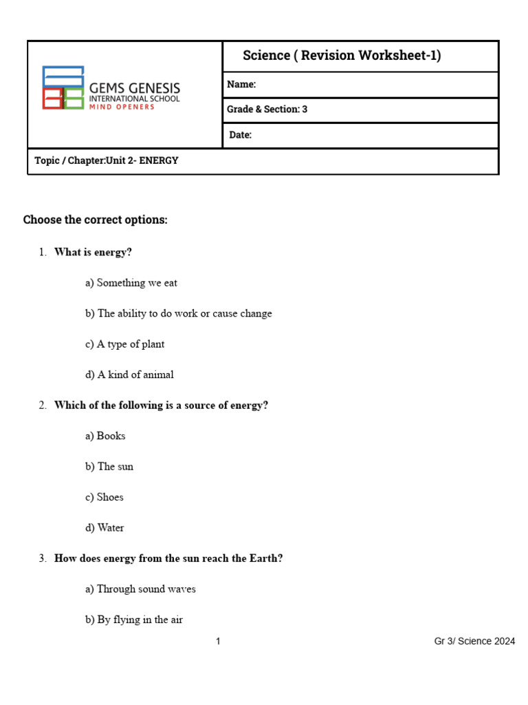 Grade 3 Science Revision Worksheet-1 | PDF