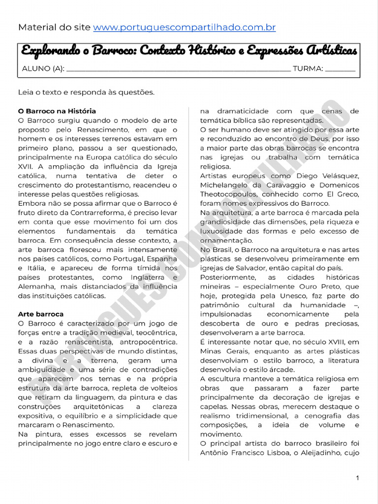 Barroco - Características e Contexto - Interpretação e Produção de ...
