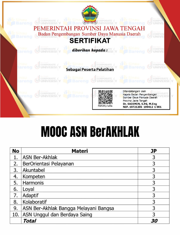 Sertifikat - MOOC ASN Berakhlak Batch 4 | PDF