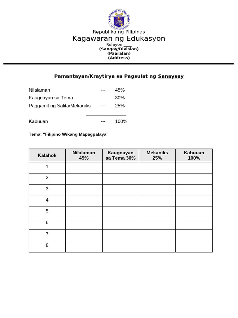 Pamantayan Krayterya Sa Patimpalak Sa Buwan NG Wika | PDF