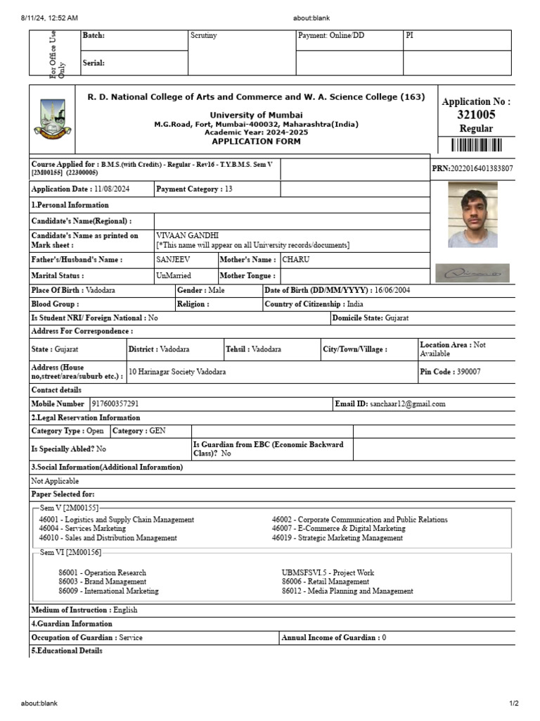 Vivaan Application Form 2024 TYBMS | PDF
