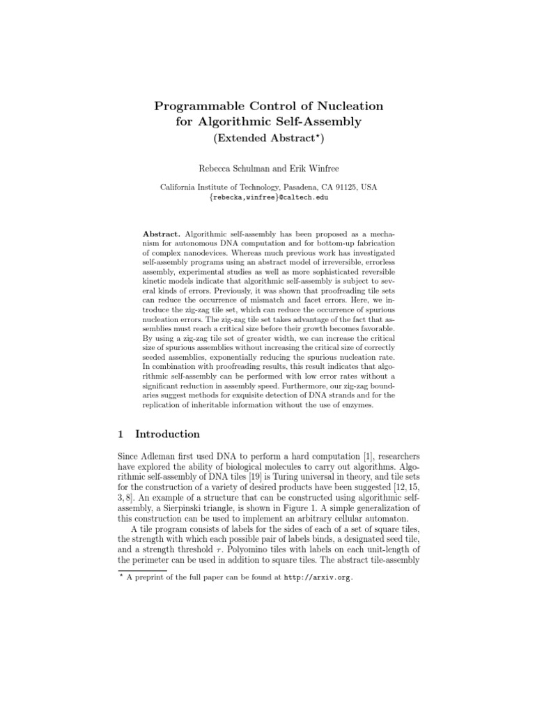 Rebecca Schulman and Erik Winfree - Programmable Control of Nucleation ...