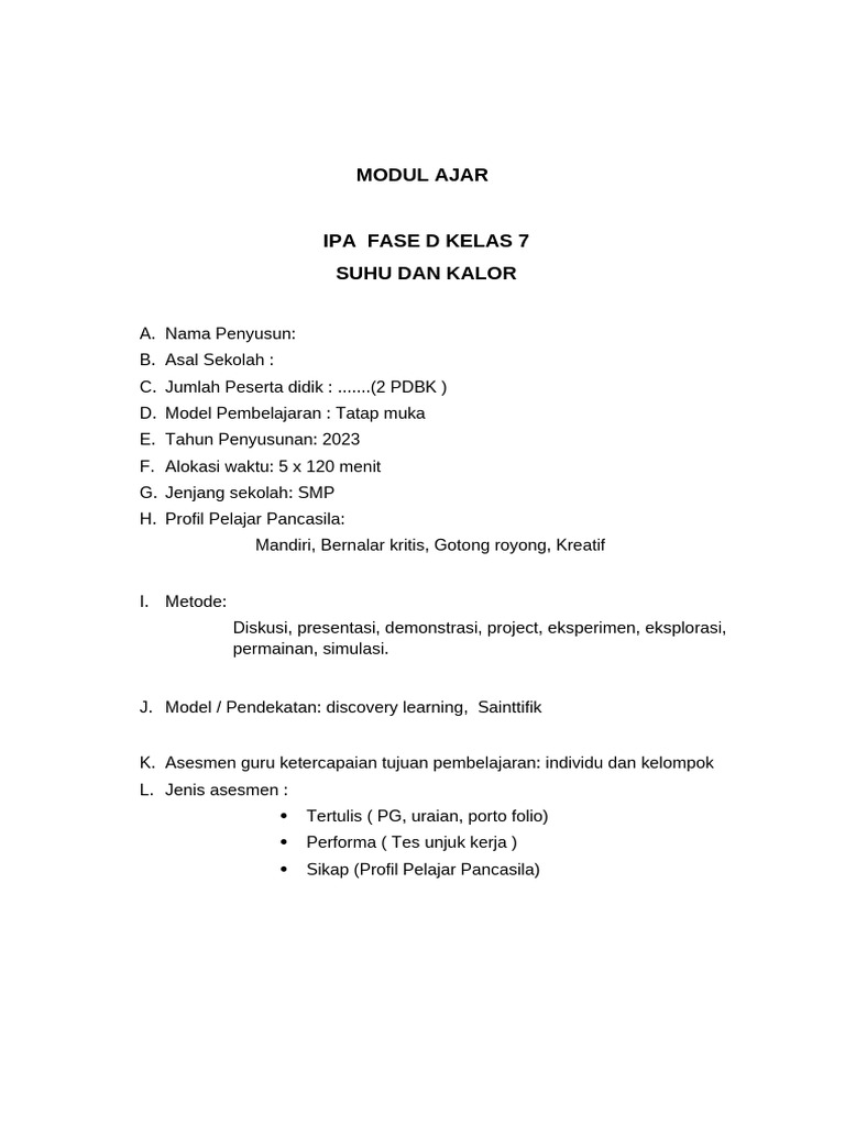 MODUL AJAR Ipa 7 Suhu Dan Kalor | PDF