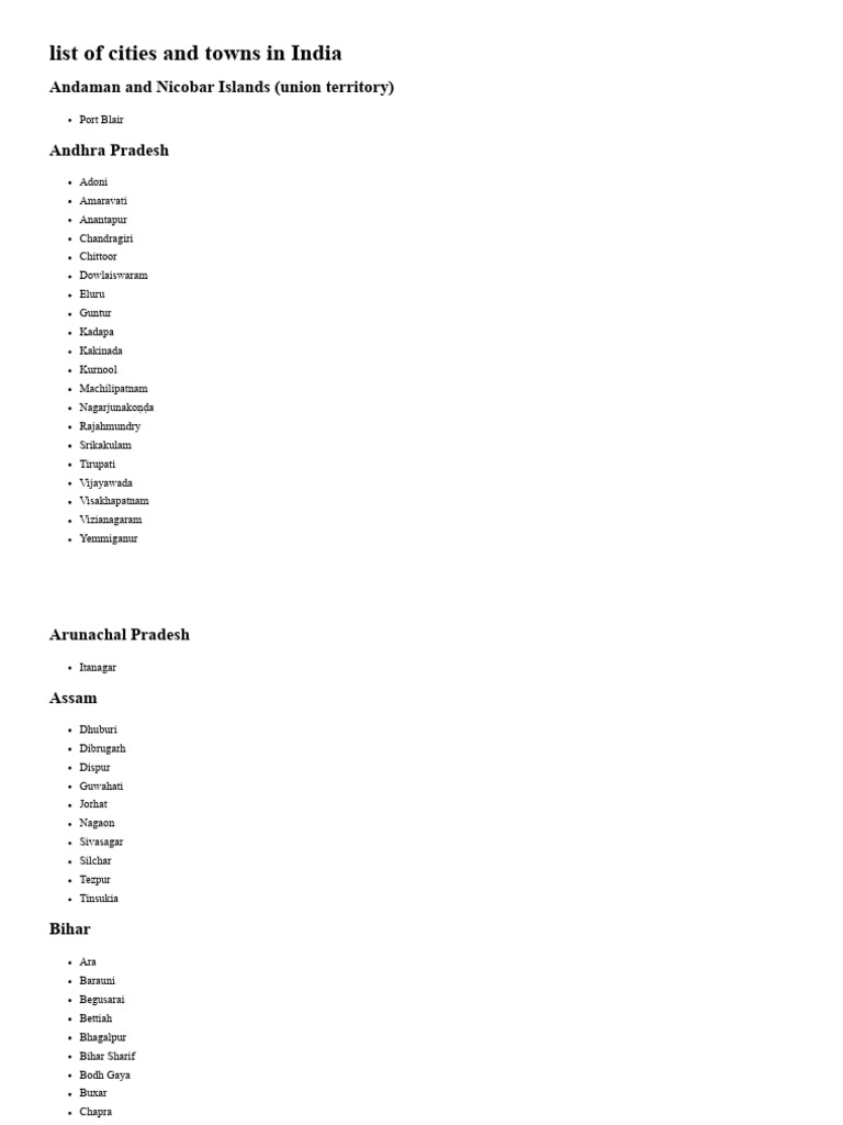 List of Cities and Towns in India - Britannica Online Encyclopedia | PDF