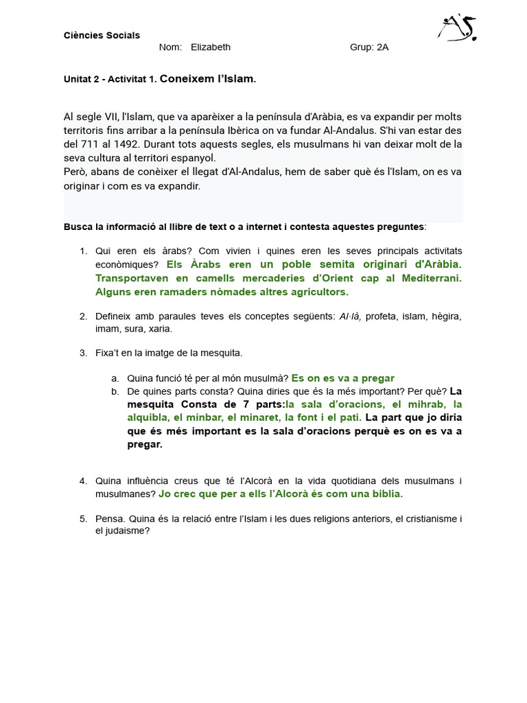 Elizabeth Melenciano Garcia - Unitat 2 - Activitat 1. Coneixem L'islam | PDF