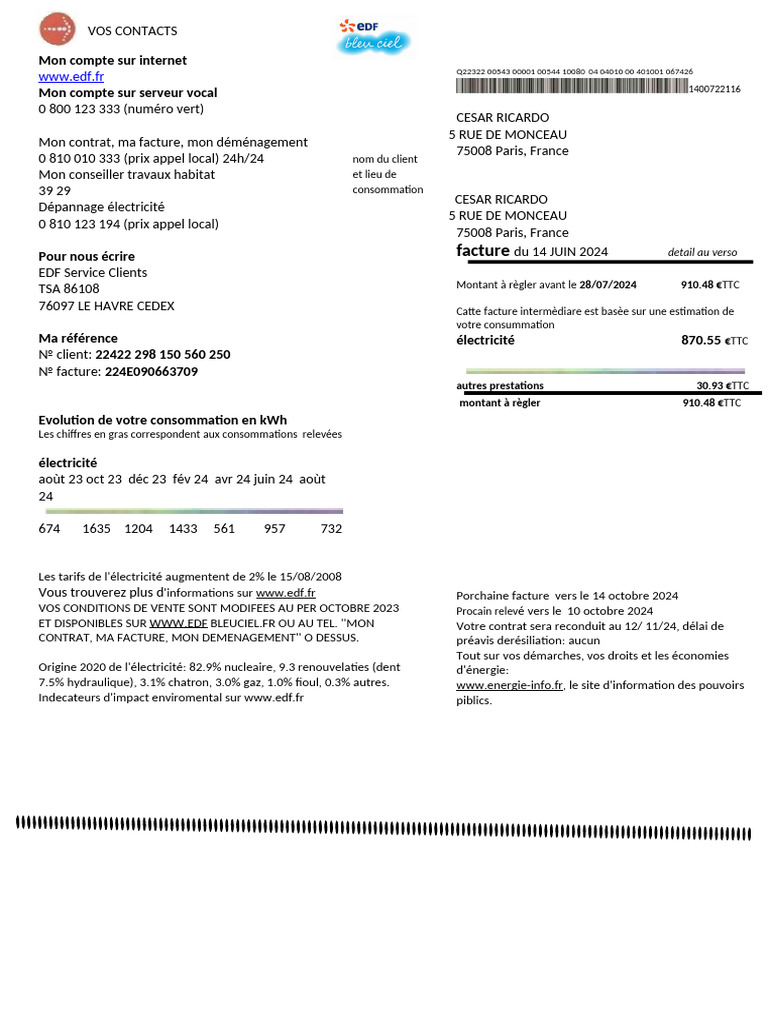 EDF France Proof of Address Utility Business Bill | PDF