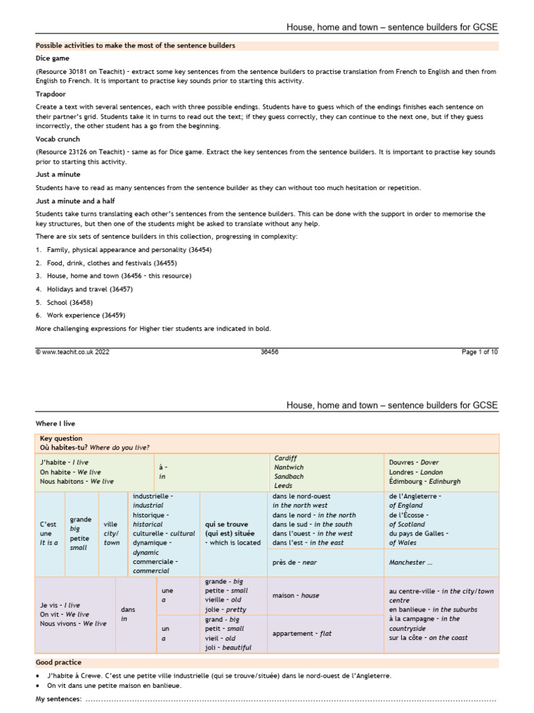 GCSE Sentence Builders: House & Town | PDF