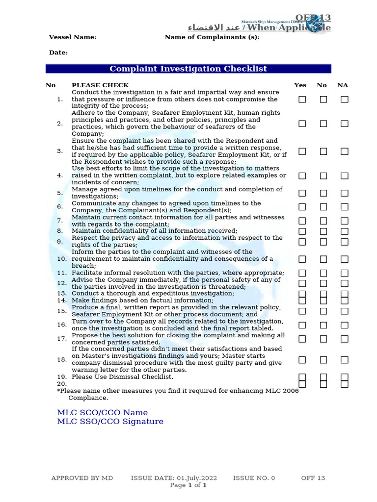 OFF 13 - Complaint Investigation Checklist - Office | PDF