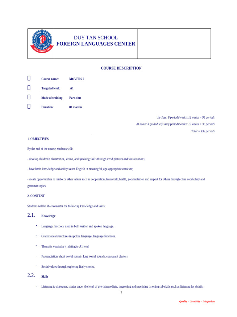 MOVERS 2 - Course Description - 4 Months | PDF