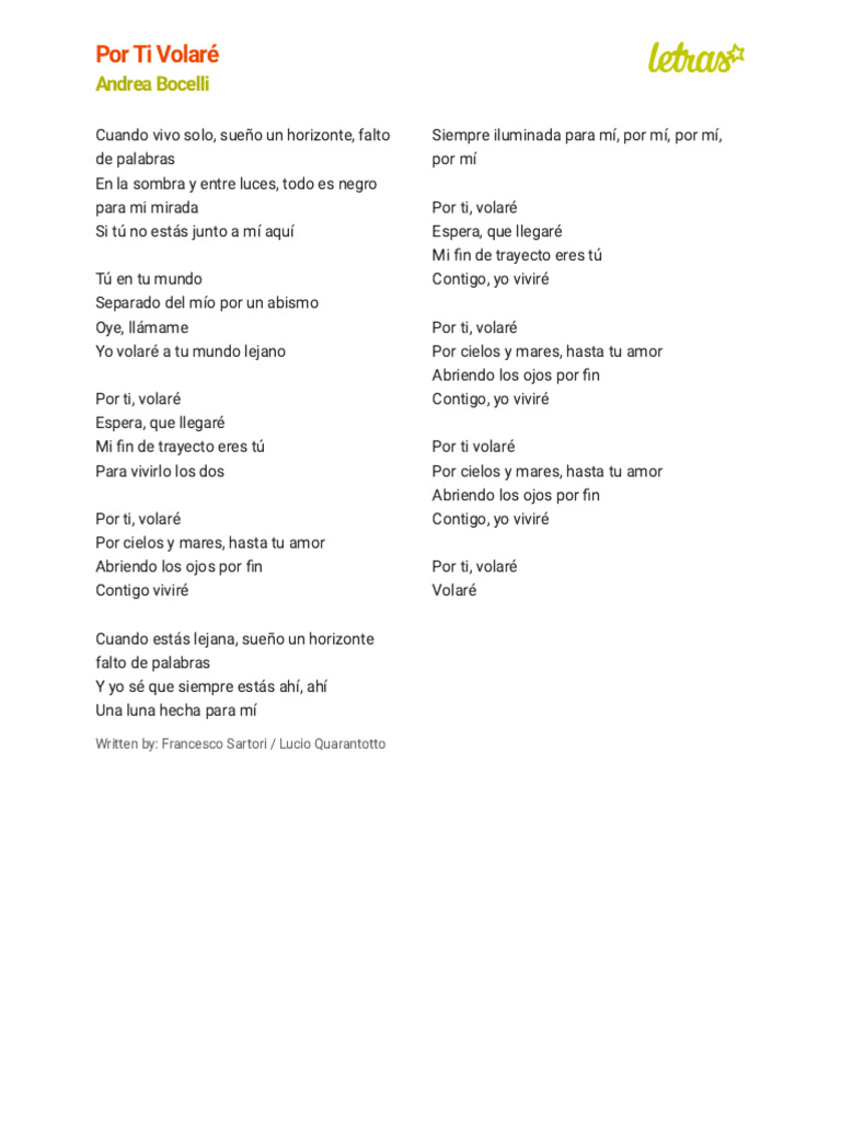 POR TI VOLARÉ - Andrea Bocelli (Print) | PDF