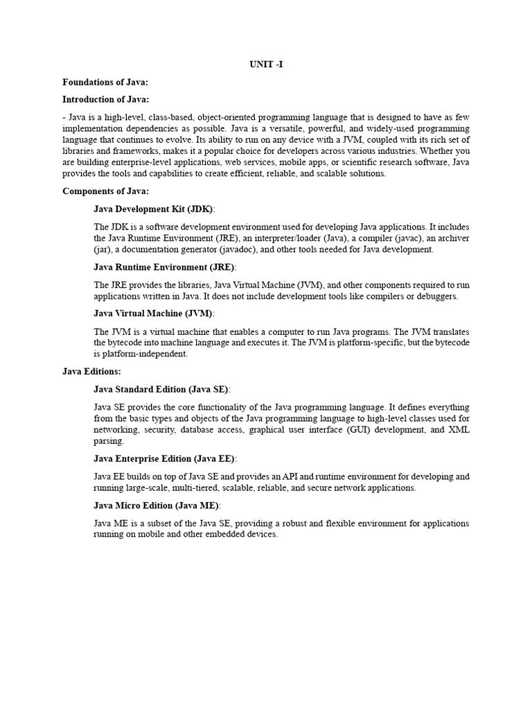 Cse 2 1 Java Notes Unit 1 Part 1 Pdf 