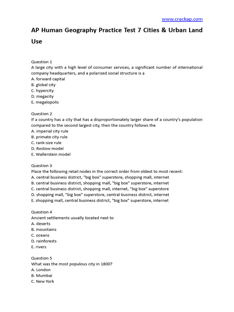 AP Human Geography Practice Test 7 Cities & Urban Land Use | PDF