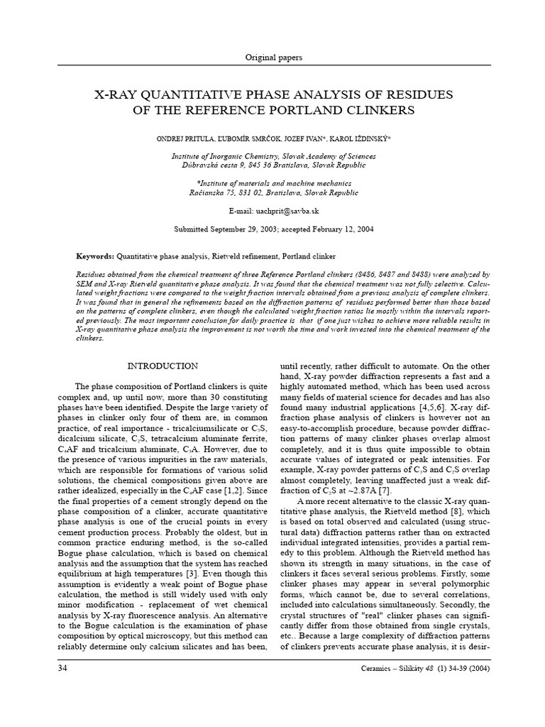X-Ray Quantitative Phase Analysis of Residues of The Reference Portland Clinkers | PDF