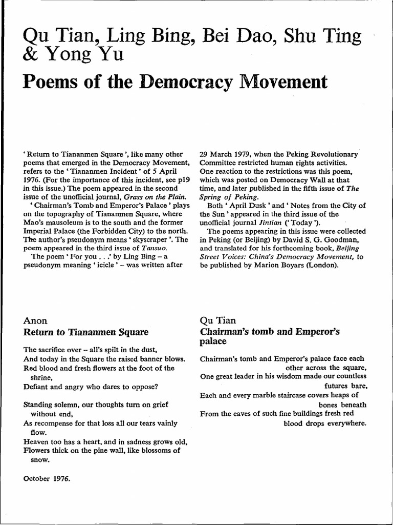 Tian Et Al 1980 Poems of The Democracy Movement | PDF
