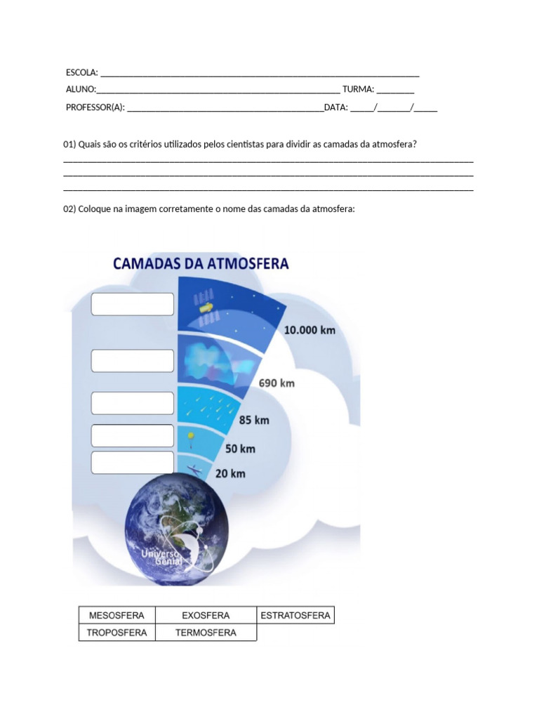 Exercícios sobre as camadas da atmosfera | PDF
