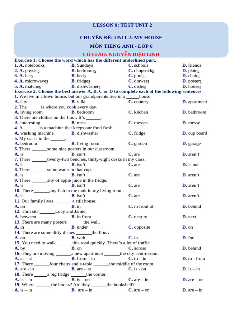 9 BTVN Kiem Tra Tong Hop Unit 2 Tieng Anh 6 Moi Co Video Chua | PDF