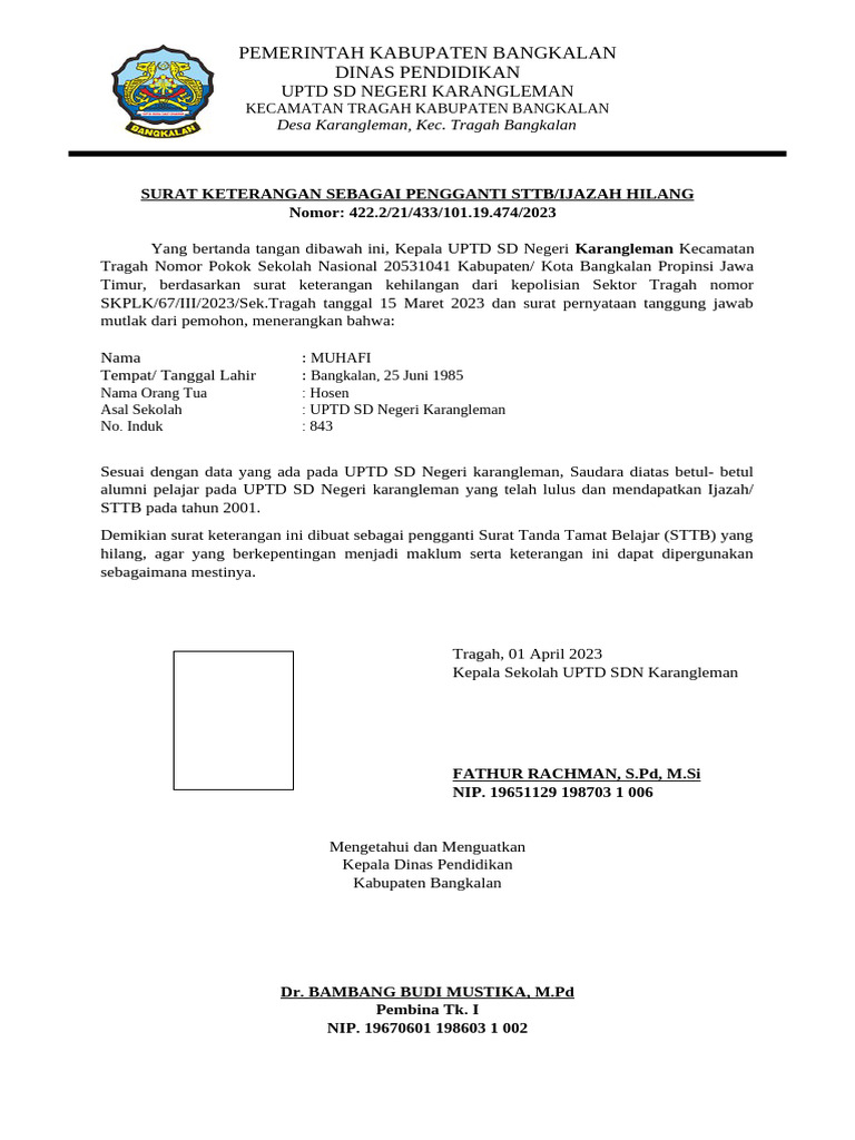 Surat Keterangan Sebagai Pengganti STTB | PDF