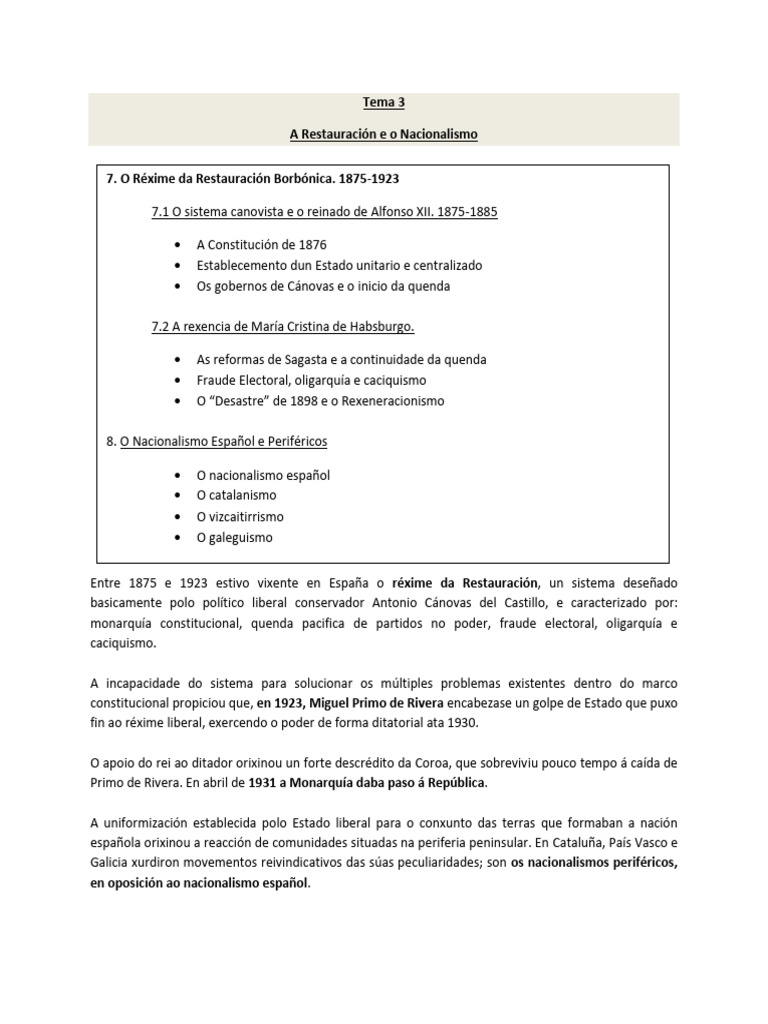 CT 7-8 A Restauración e Os Nacionalismos (1875 | PDF