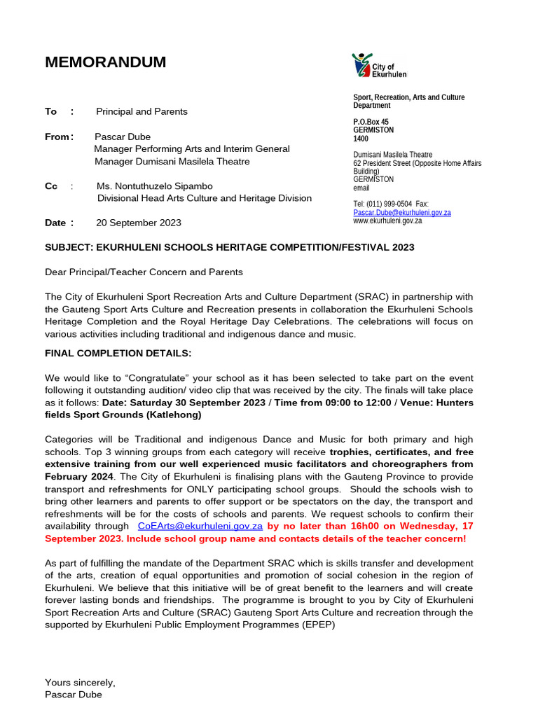 Memo To Schools - Ekurhuleni Schools Heritage Competition 2023 | PDF | Art