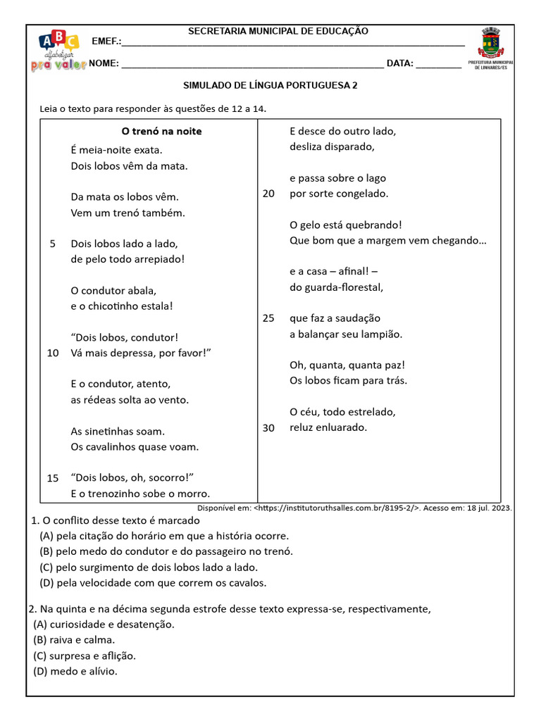 Simulado de Lã - Ngua Portuguesa 3 | PDF