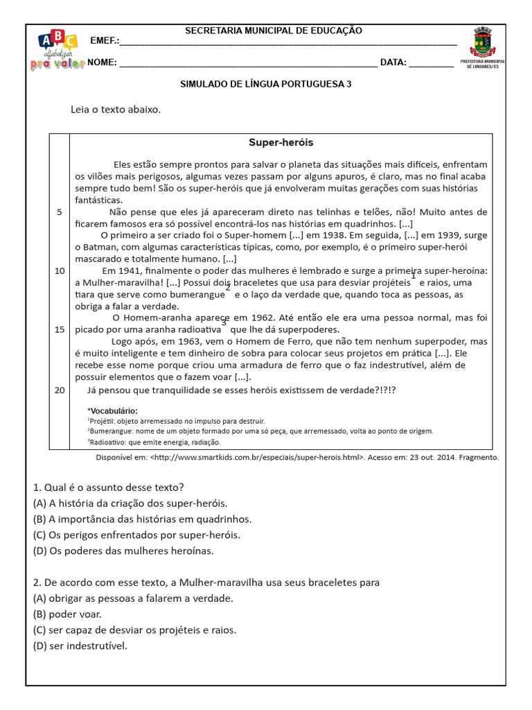 Simulado de Lã - Ngua Portuguesa 4 | PDF