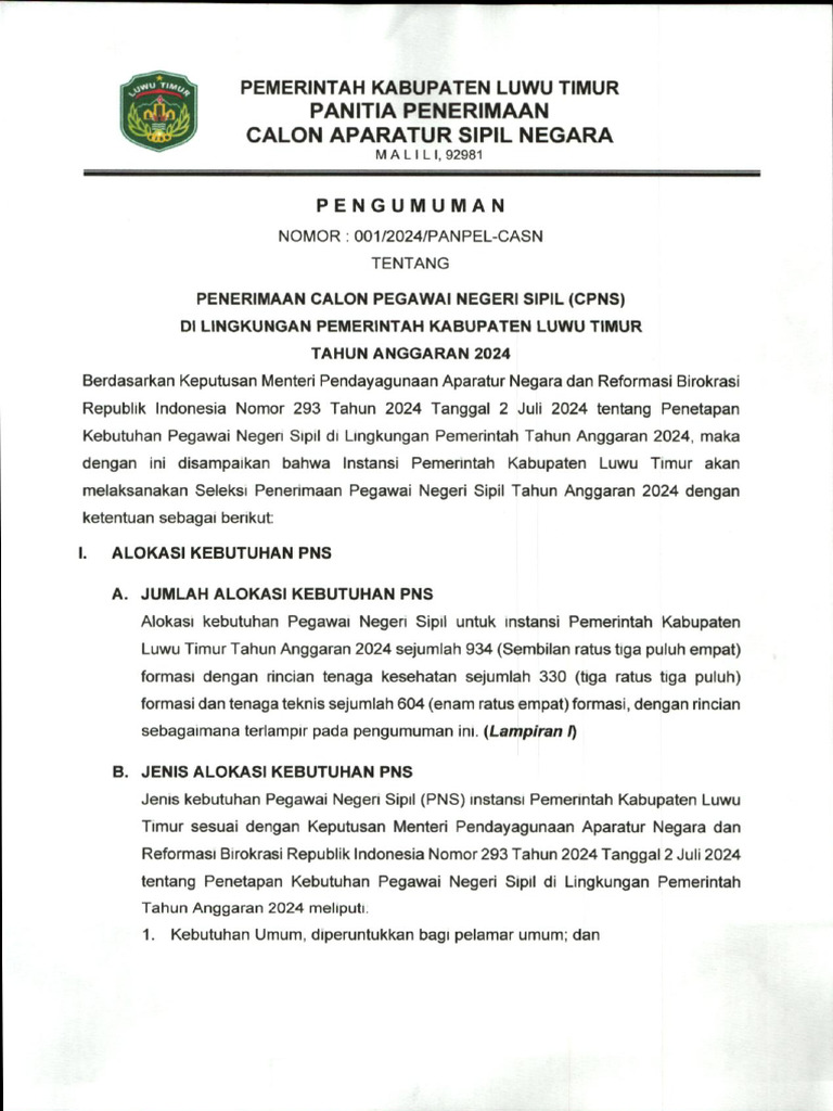 Pengumuman Penerimaan Cpns Kab. Luwu Timur T.A 2024 | PDF