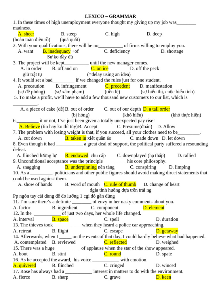 Grammar and Lexico Practice | PDF