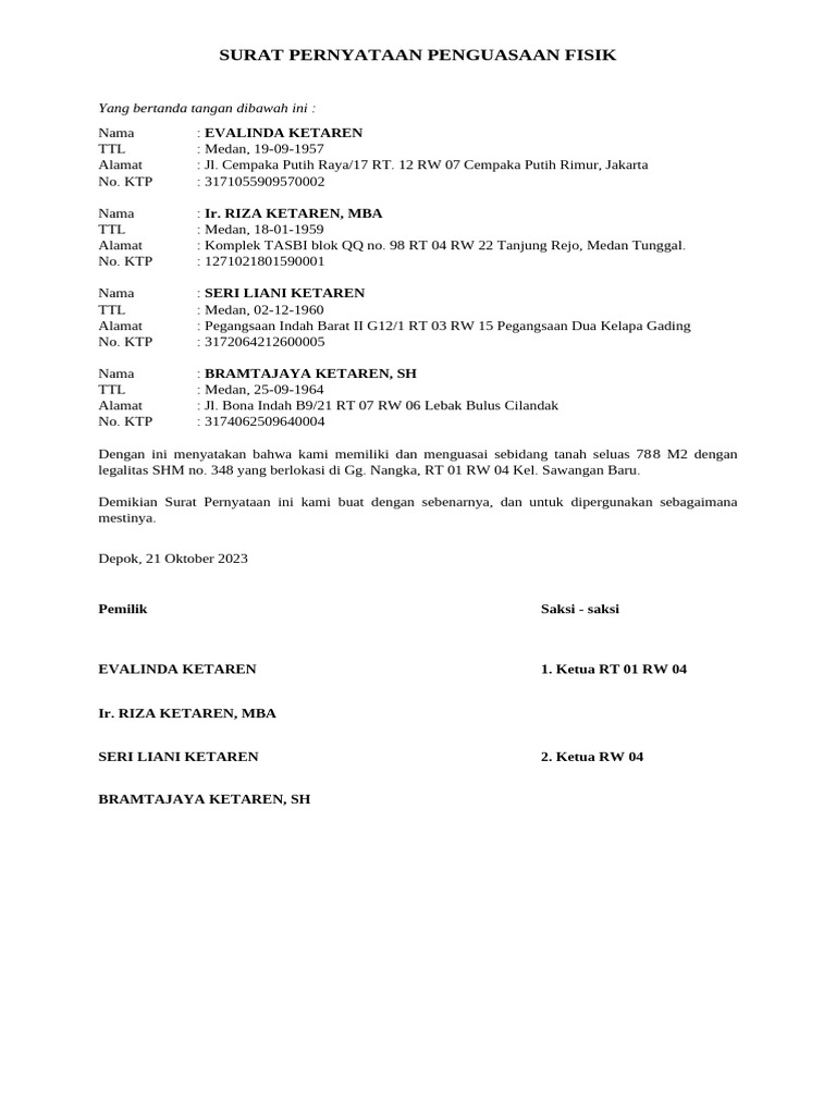 Surat Pernyataan Penguasaan Fisik 1 BPN | PDF
