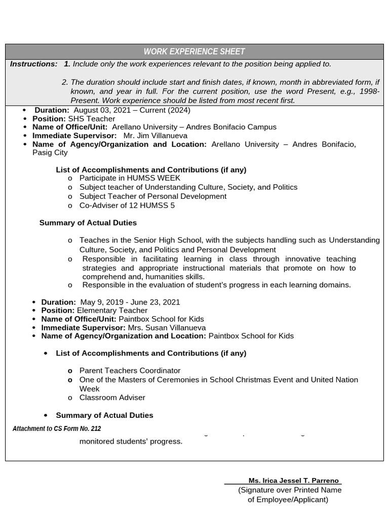 Work Experience Sheet 1 | PDF