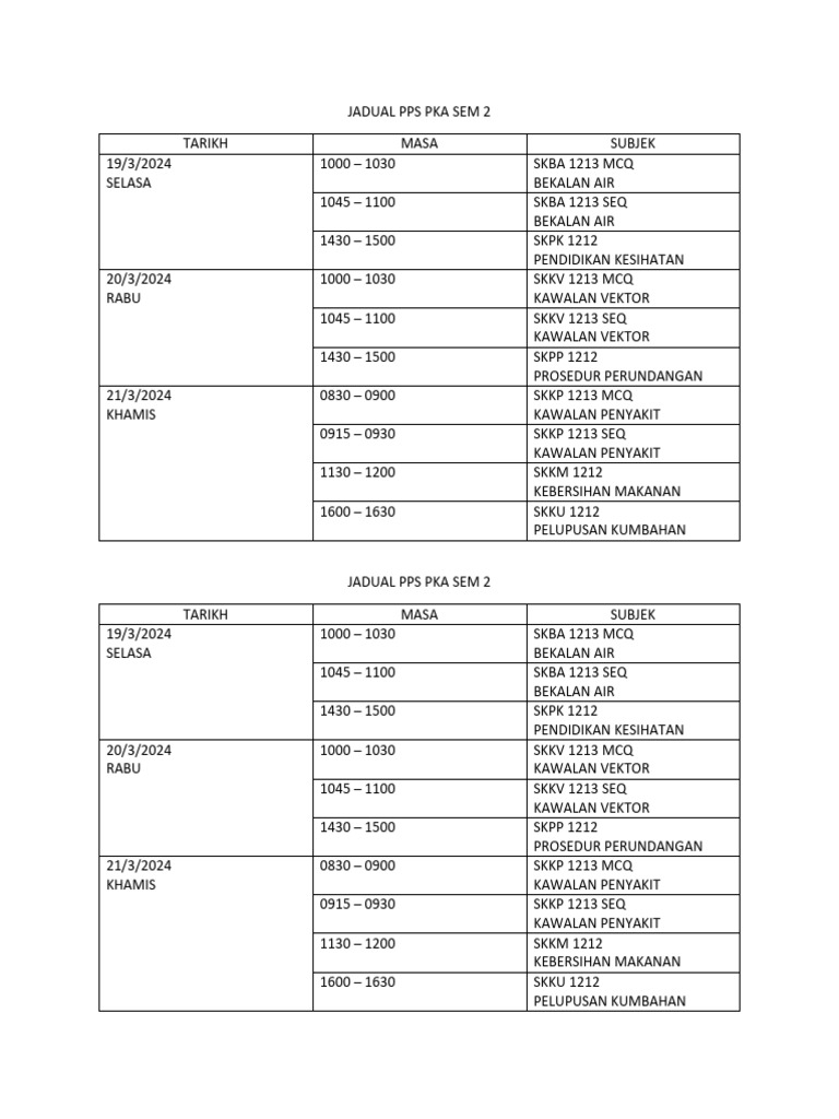 JADUAL PPS PKA SEM 2 P2 | PDF