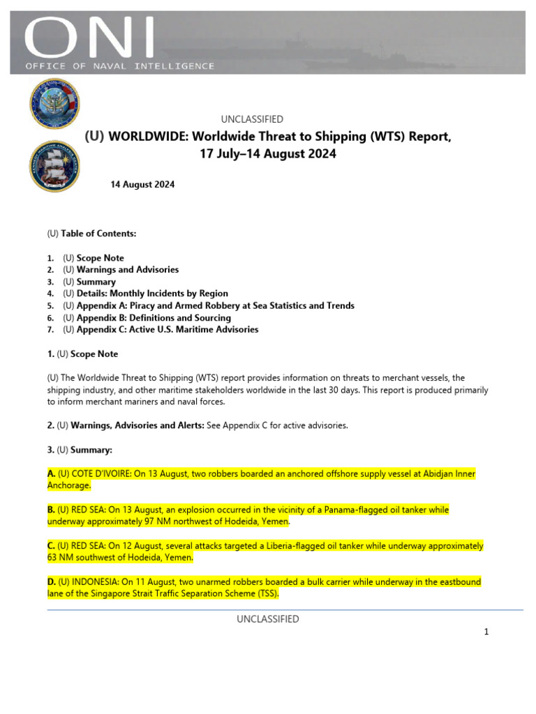 U.S. Navy Office of Naval Intelligence Worldwide Threat To Shipping ...
