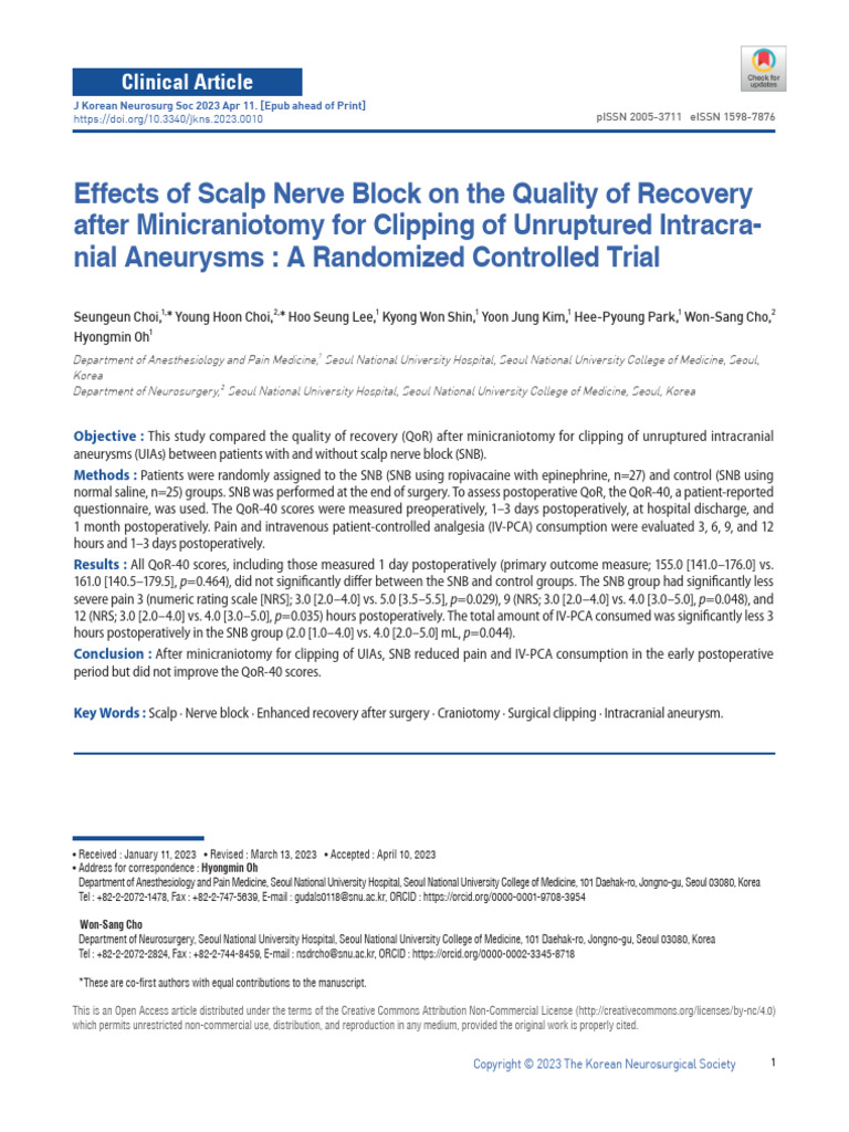 Effects of Scalp Nerve Block On The Quality of Recovery After ...