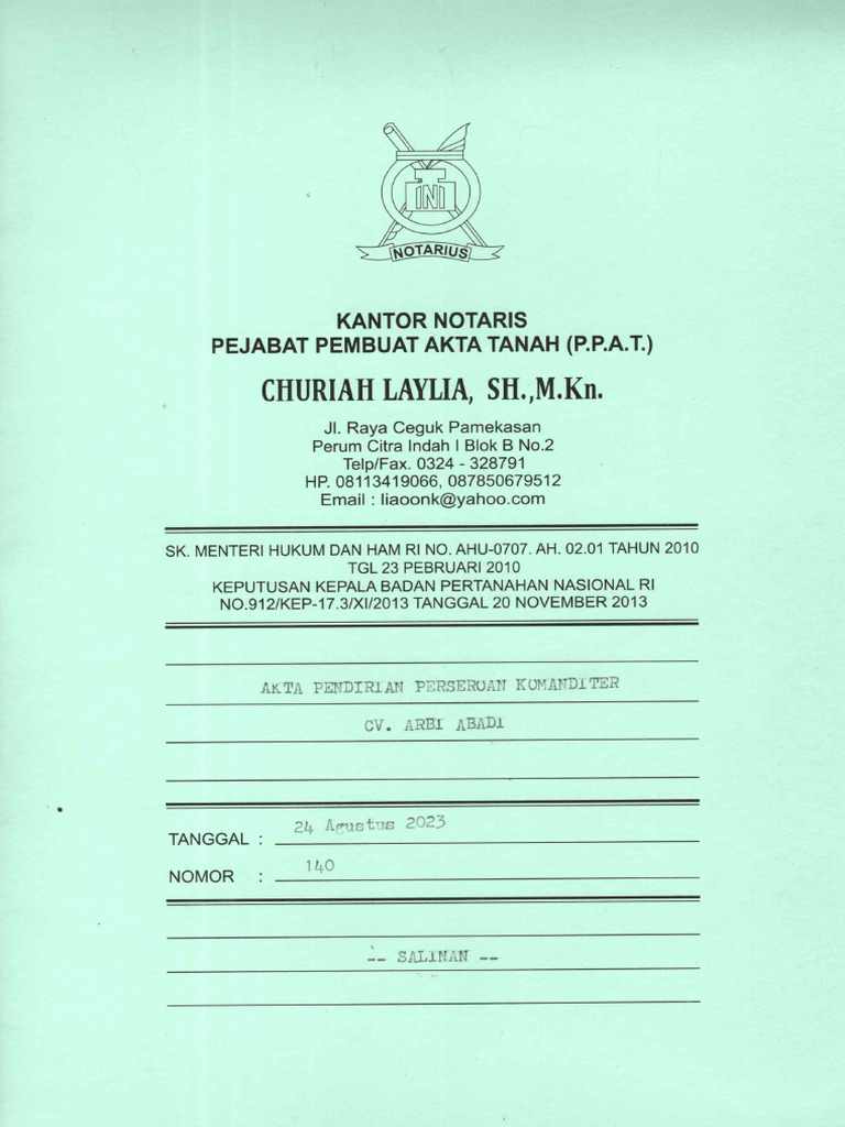 Akta Notaris Cv. Arbi Abadi | PDF