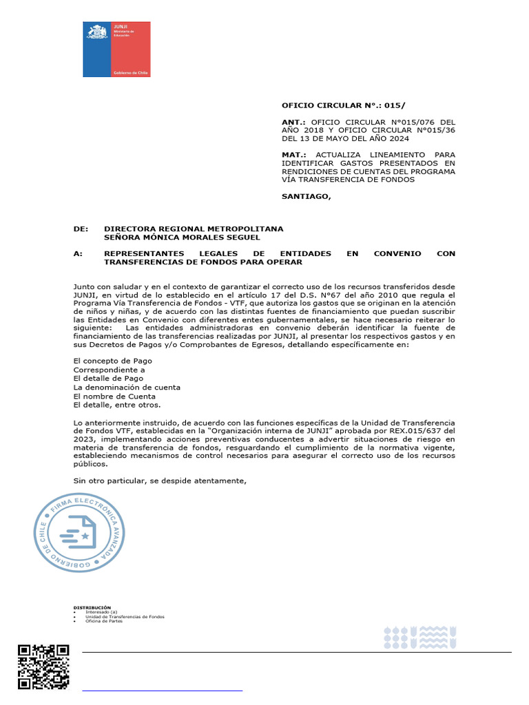 Oficio Circular 019 (17.05.24) Lineamiento Gastos VTF | PDF