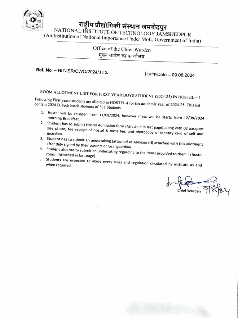 Hostel Allotment For First Year B.tech 2024-25 Batch Students in Hostel ...