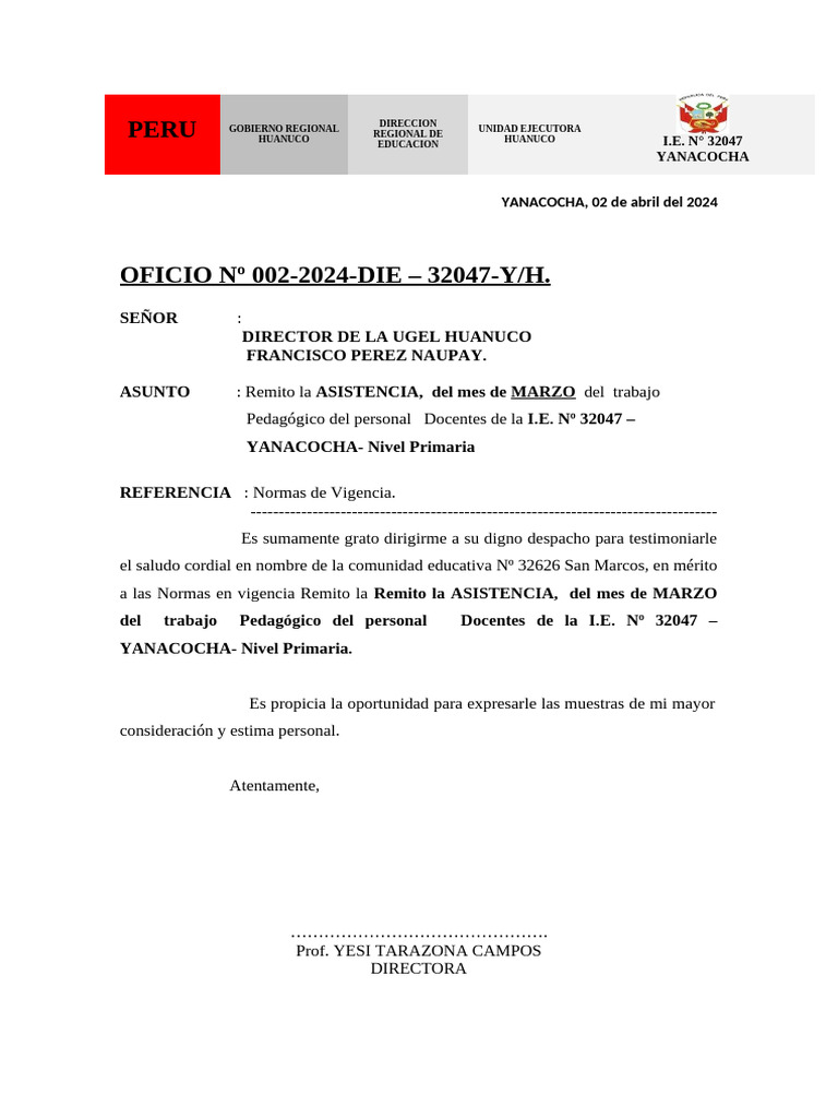 Oficio Docente Yanacocha 2024 | PDF