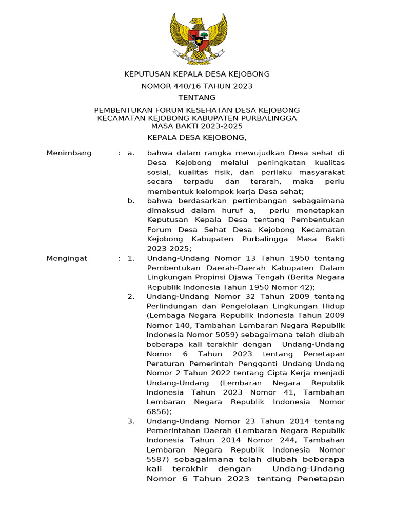 Draft SK Pokja Desa Kejobong | PDF