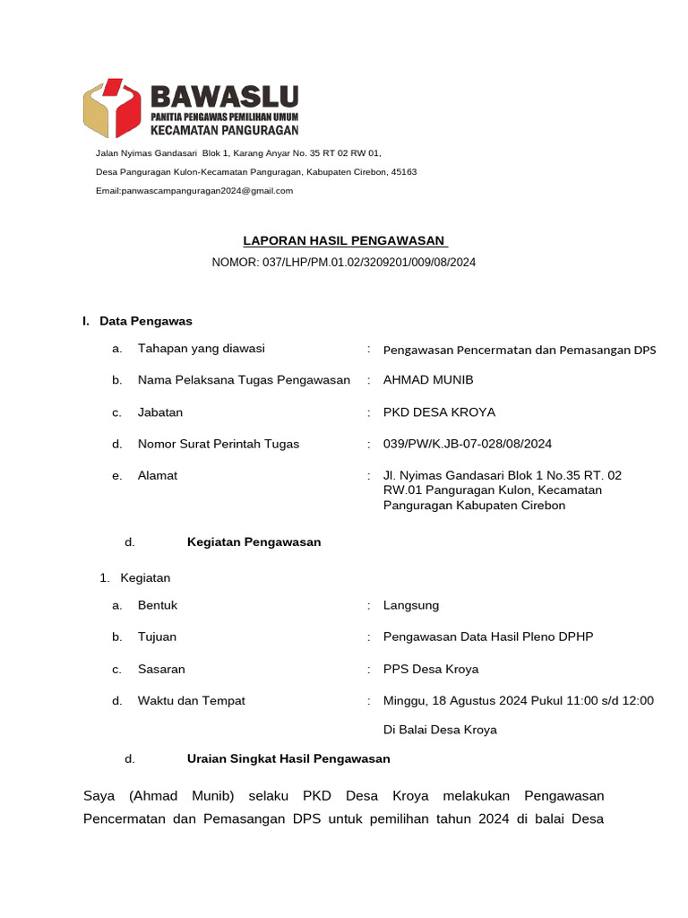 LHP037 - Pengawasan Pencermatan DPS - 18 Agustus 2024 - PKD - Kroya | PDF