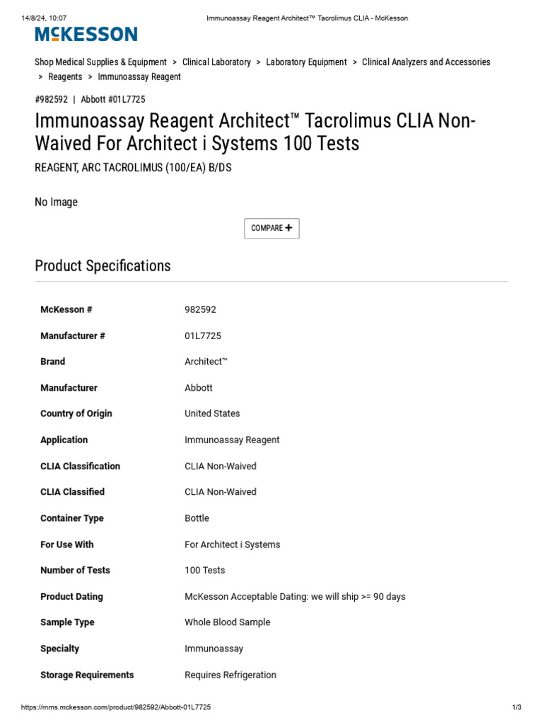 Immunoassay Reagent Architect™ Tacrolimus CLIA | PDF