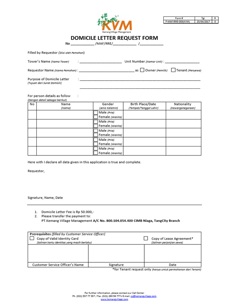 Domicile Letter Request Form | PDF