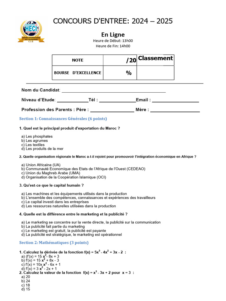 Test D'entree Heci BS | PDF