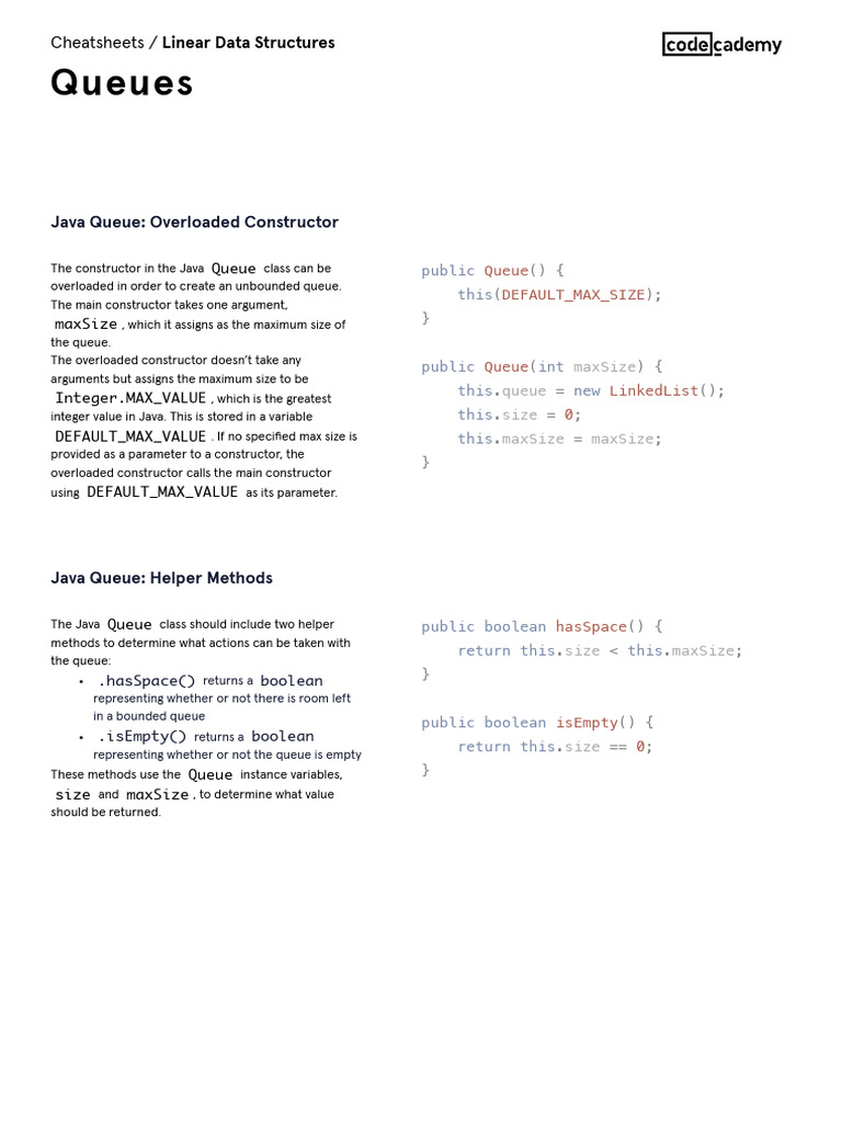 Linear Data Structures - Queues Cheatsheet - Codecademy | PDF