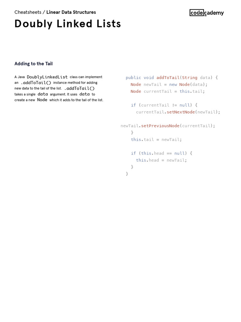 Linear Data Structures - Doubly Linked Lists Cheatsheet - Codecademy | PDF