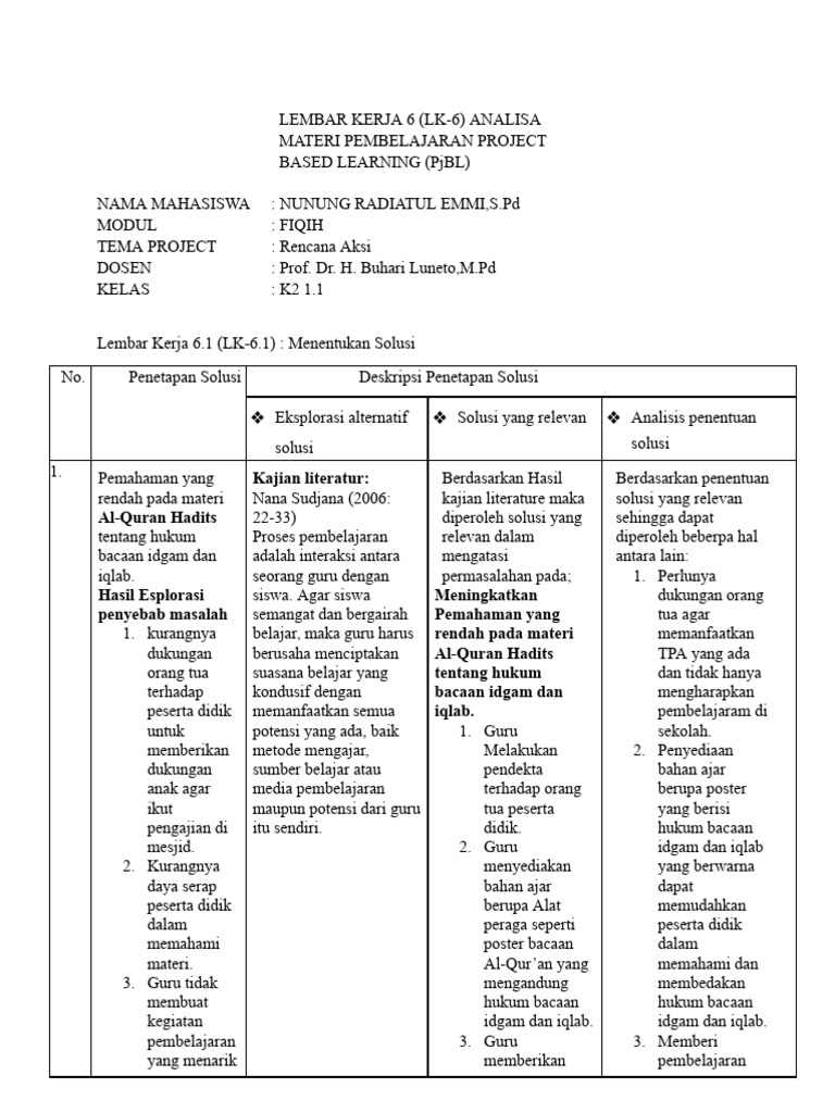 Nunung PJBL LK 6 Rencana Aksi Terbaru | PDF