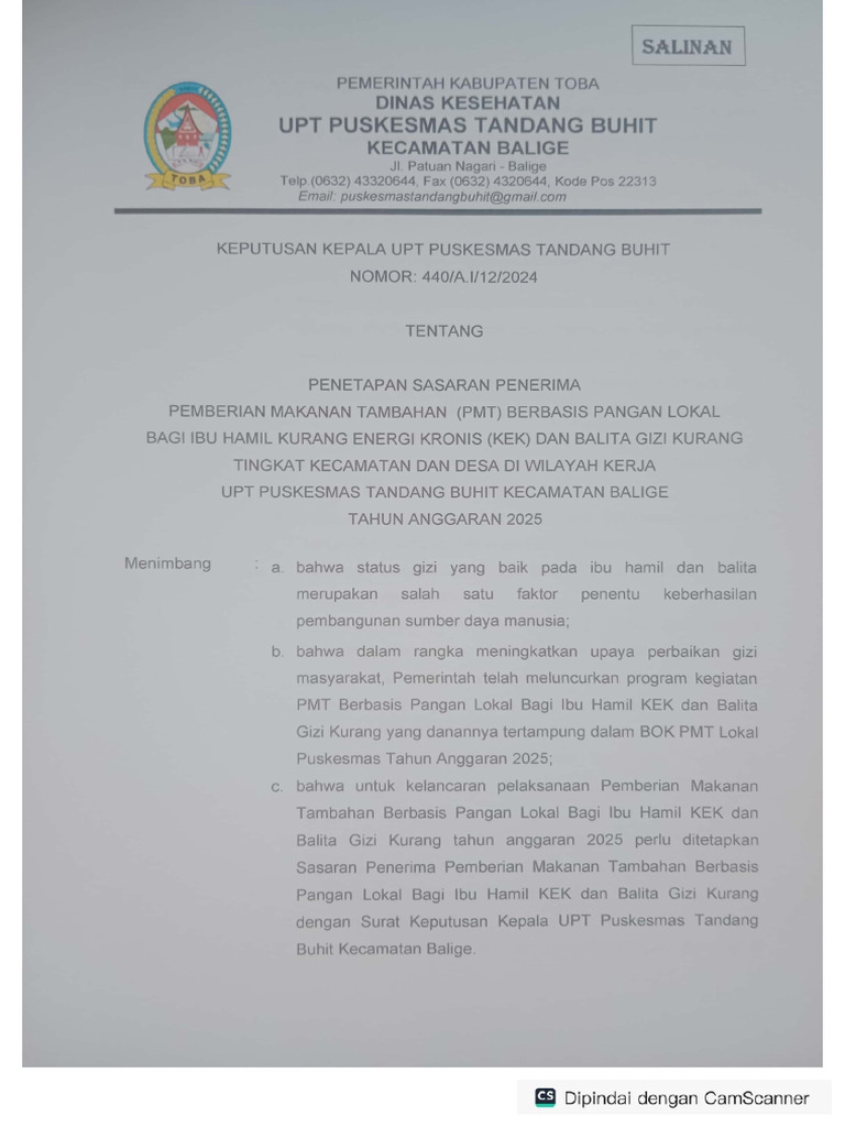 SK Penetapan Sasaran PMT Lokal 2025 | PDF