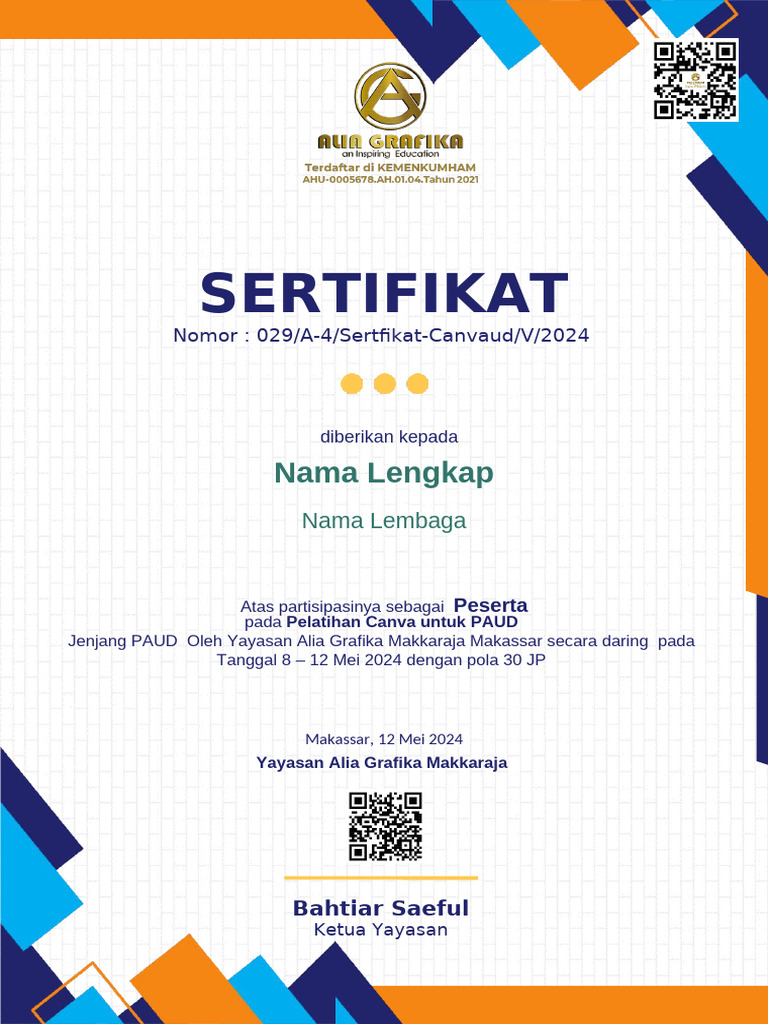 Sertifikat Pelatihan Canva PAUD 2024 | PDF