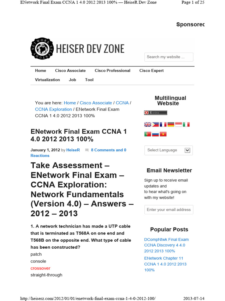 Enetwork Final Exam Ccna 1 4 0 201111111 Pdf