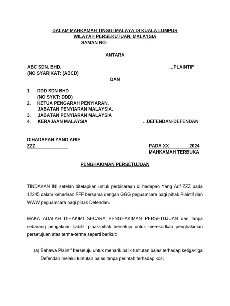 Contoh Deraf Penghakiman Persetujuan | PDF