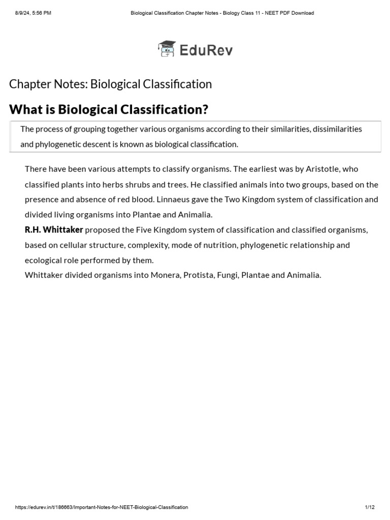 Biological Classification Chapter Notes - Biology Class 11 - NEET PDF ...